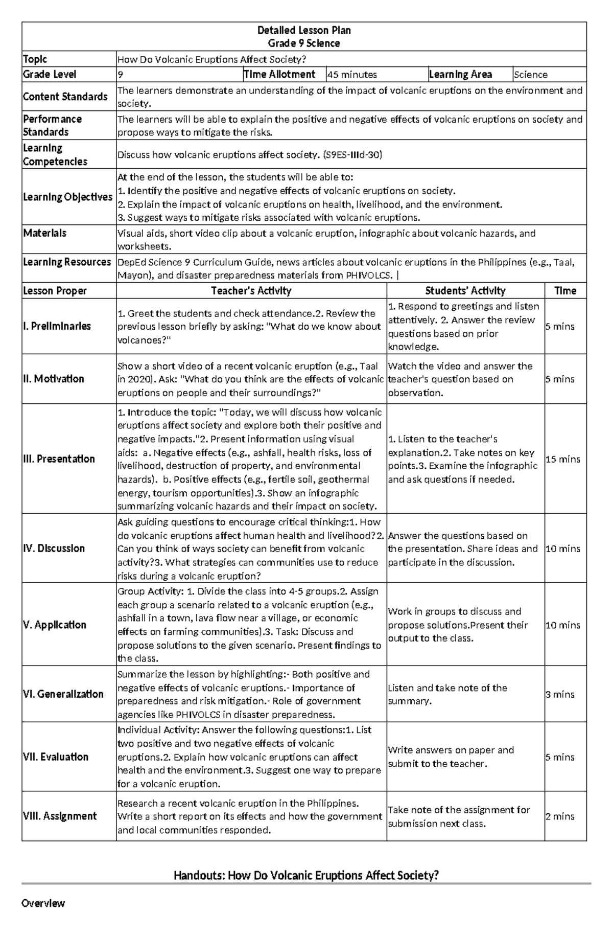Grade 9 Science Detailed Lesson Plan: Impacts of Volcanic Eruptions ...