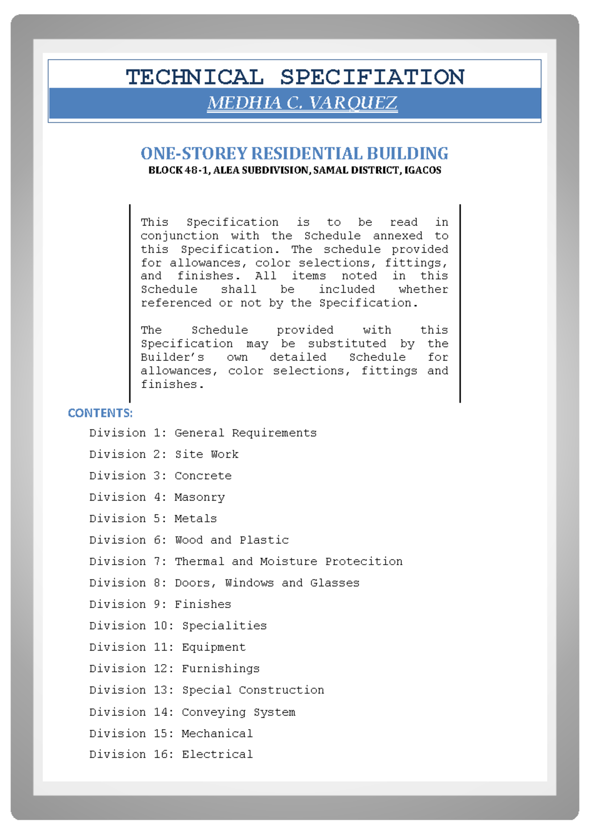 Technical Specification for One-Storey Residential Building - Studocu
