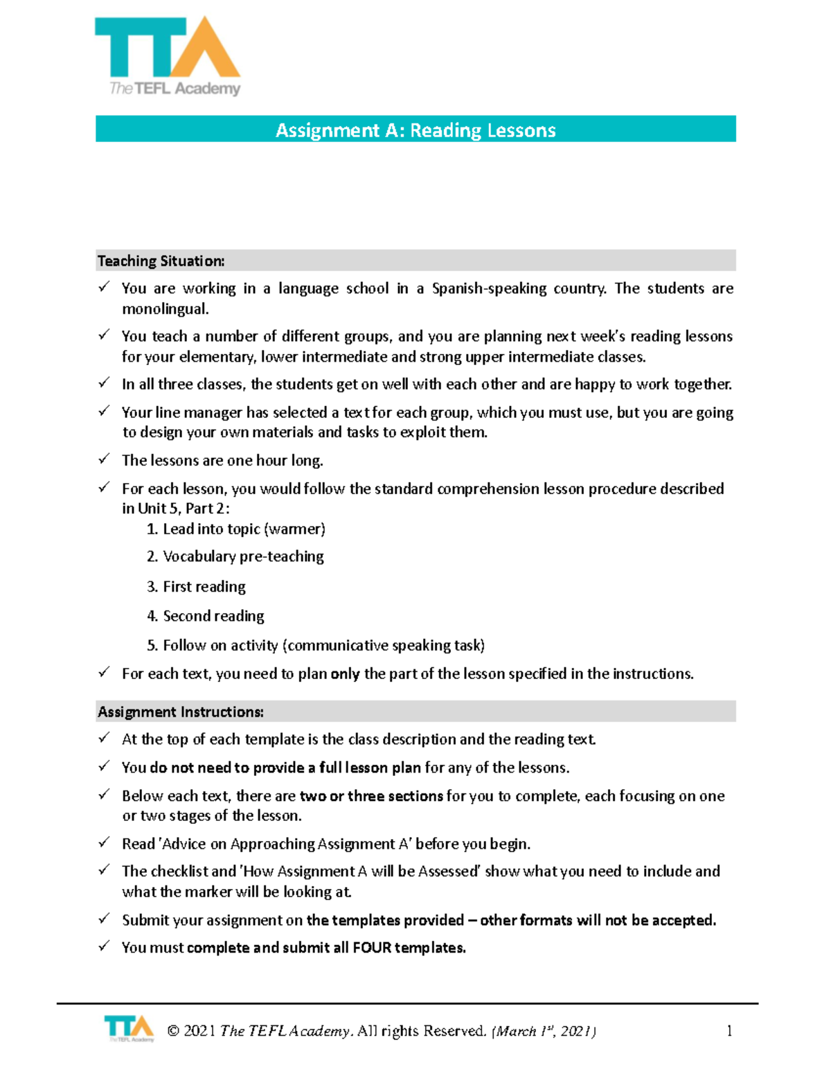 TEFL Assignment A: Planning Reading Lessons for Diverse Classes - Studocu