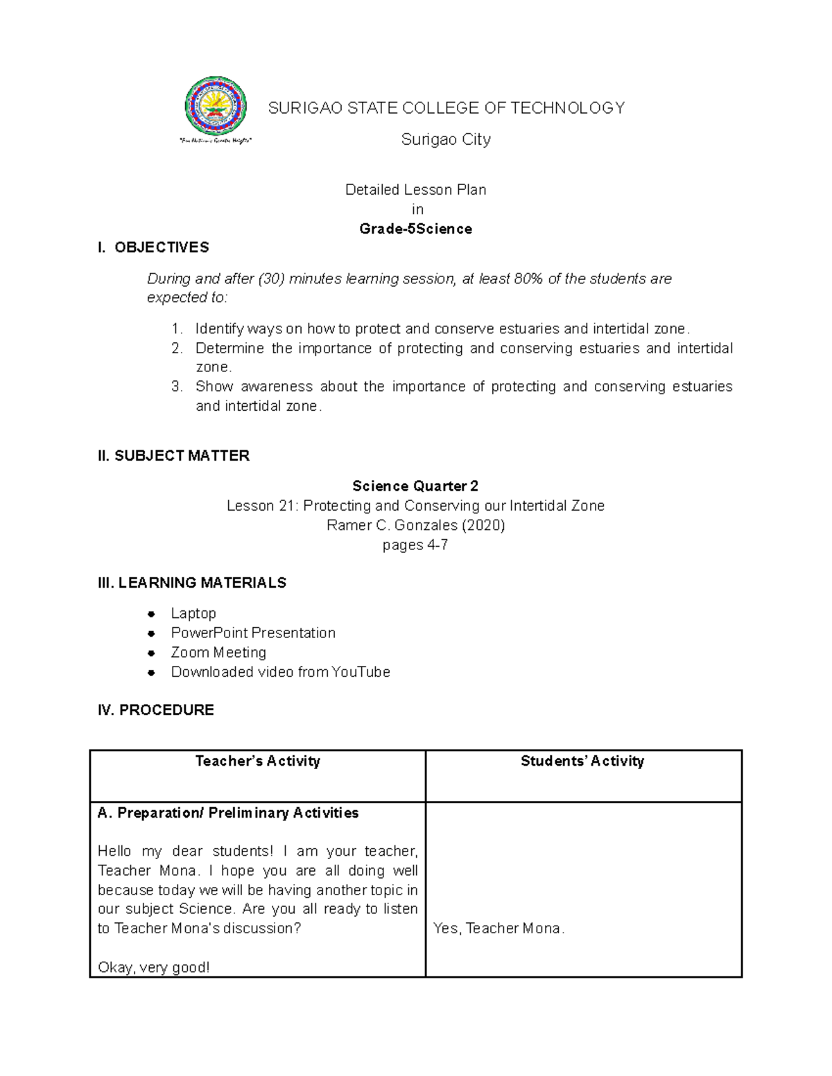 Grade 5 Science Detailed Lesson Plan on Estuarine Conservation - Studocu