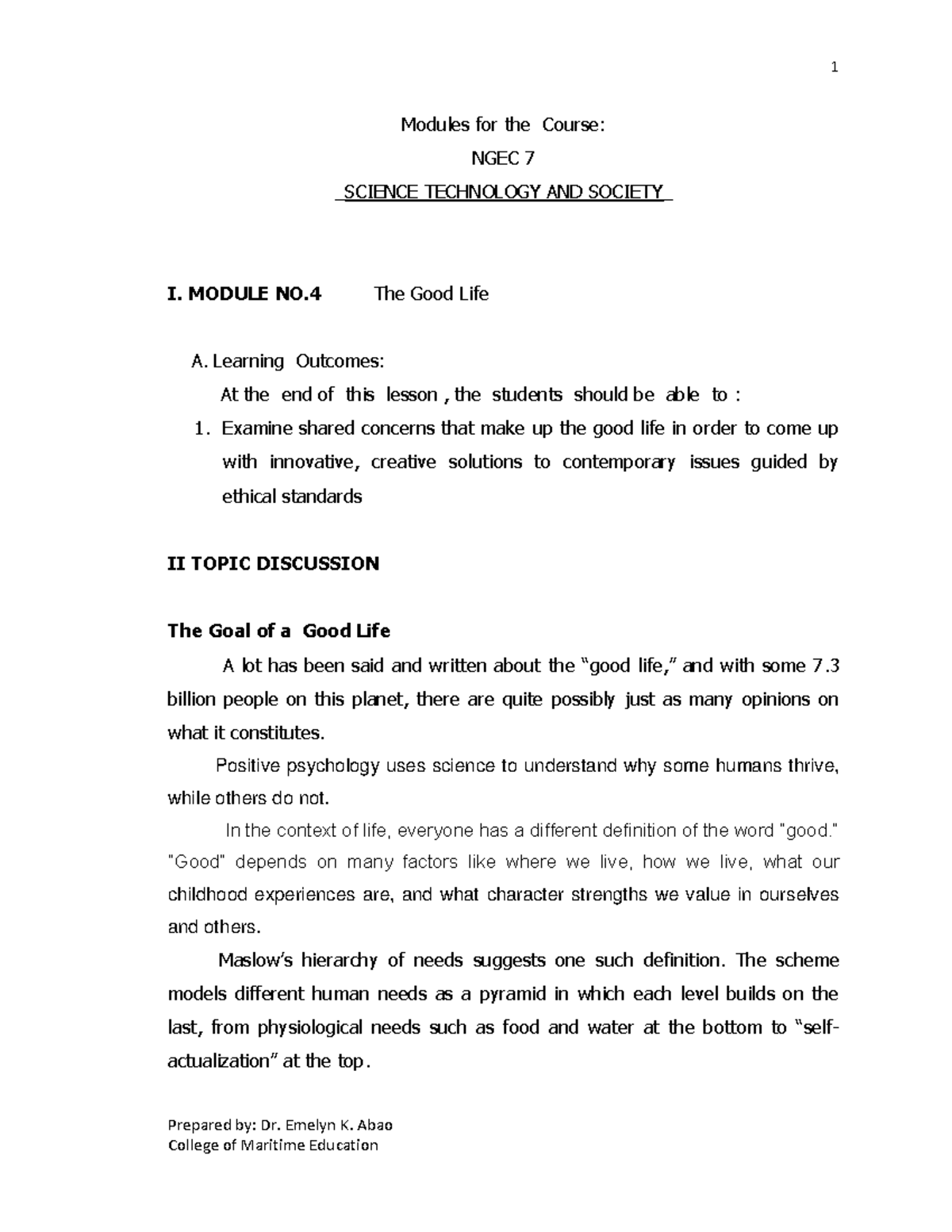 NGEC 7 - Module 4: The Concept of the Good Life in Society - Studocu