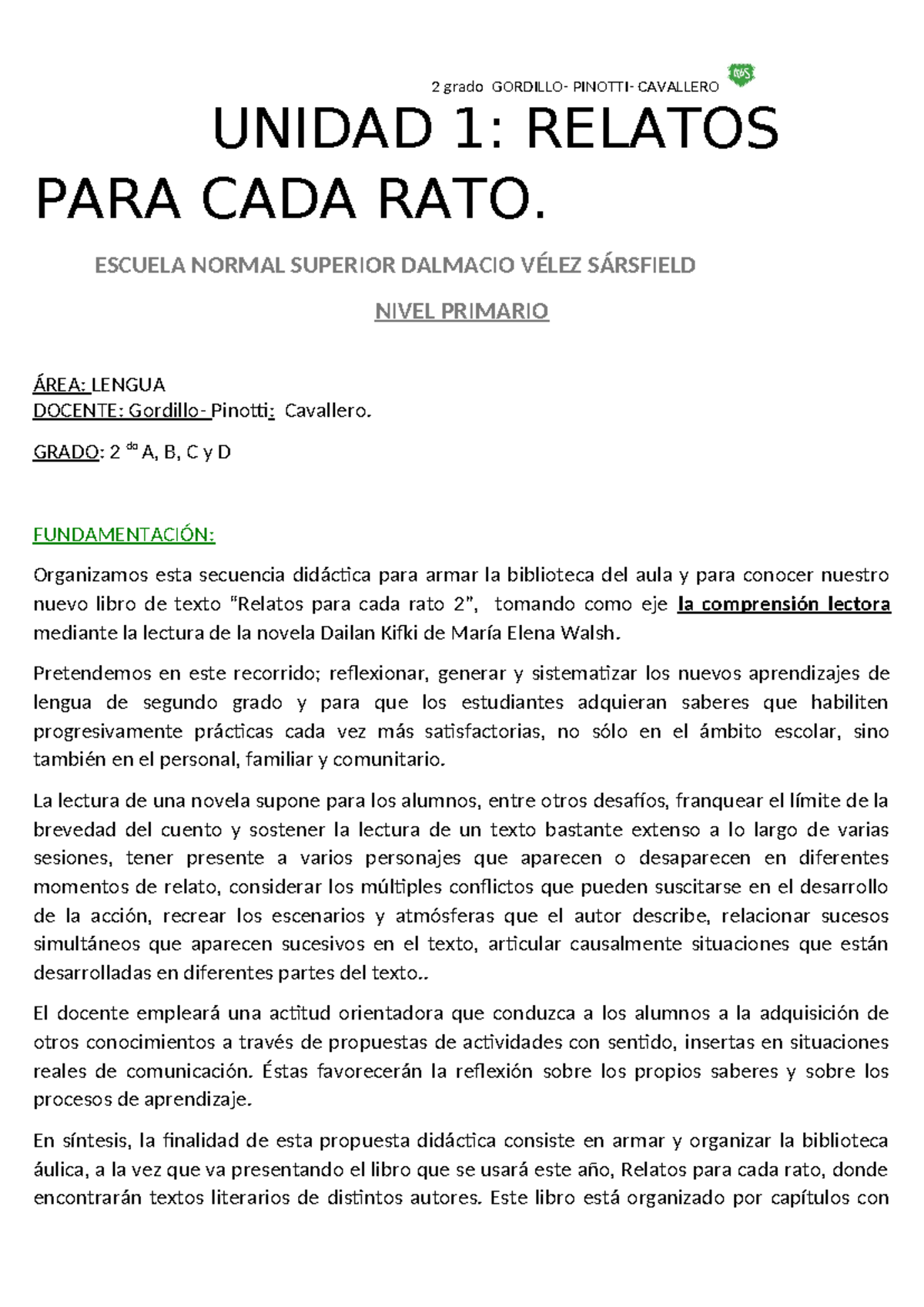 Unidad 1: Propuestas Didácticas de "Relatos para Cada Rato" - 2° Grado ...