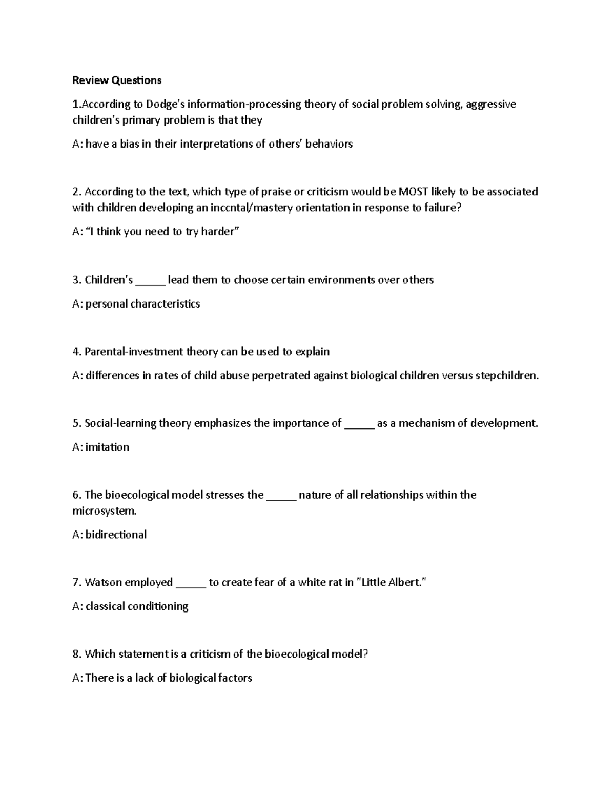 Exam 3 Review Questions - Review Questions 1 to Dodge's information ...