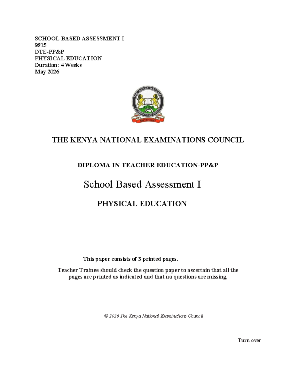 SCHOOL BASED ASSESSMENT I 9815 PHYSICAL EDUCATION - May 2026 - Studocu
