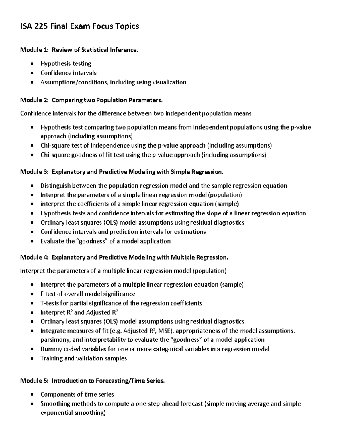 ISA 225 Final Exam Focus: Statistical Inference & Modeling Topics - Studocu