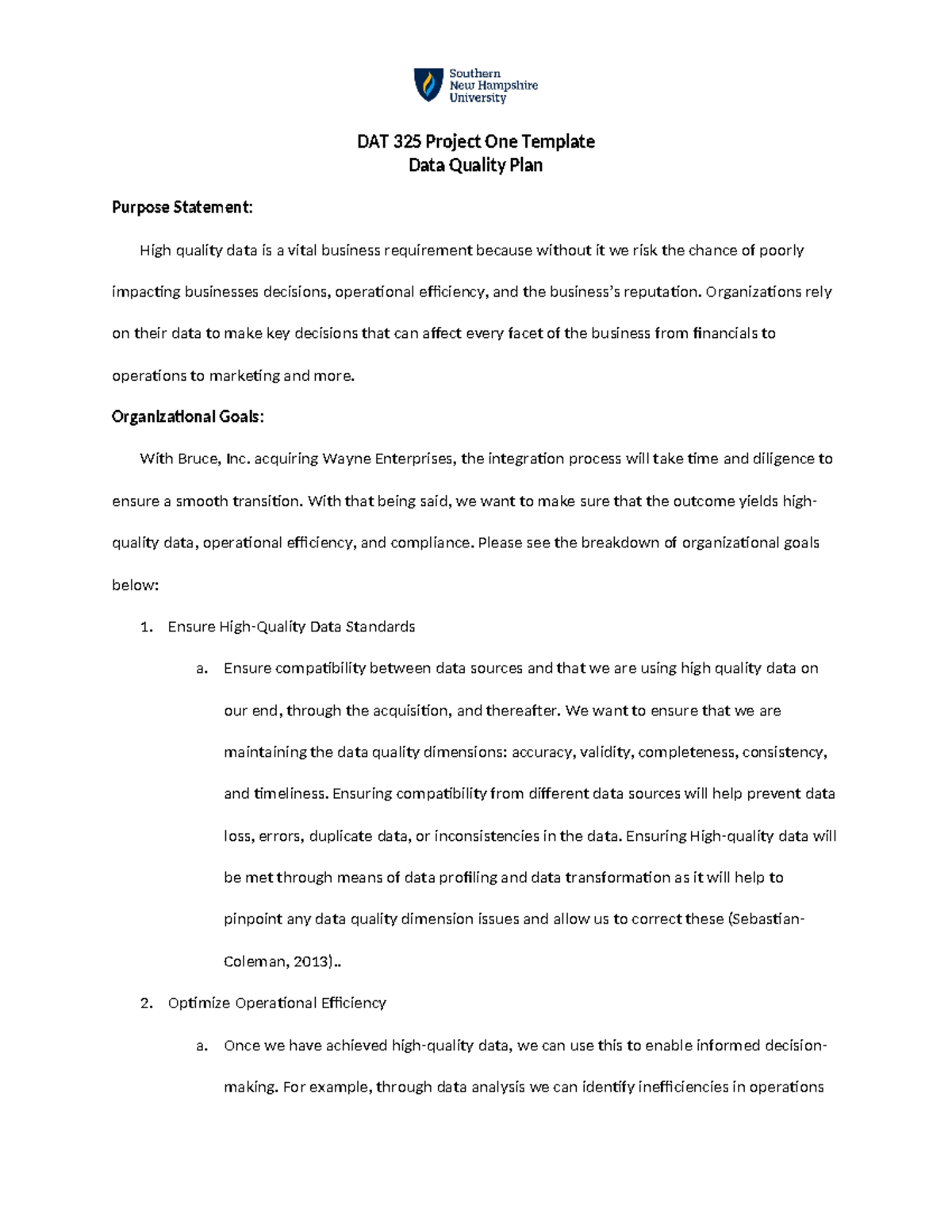 DAT 325 Project One: Data Quality Plan Template - Studocu