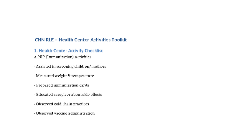 CHN RLE Health Center Activities Toolkit: Checklist & Task Rotation ...