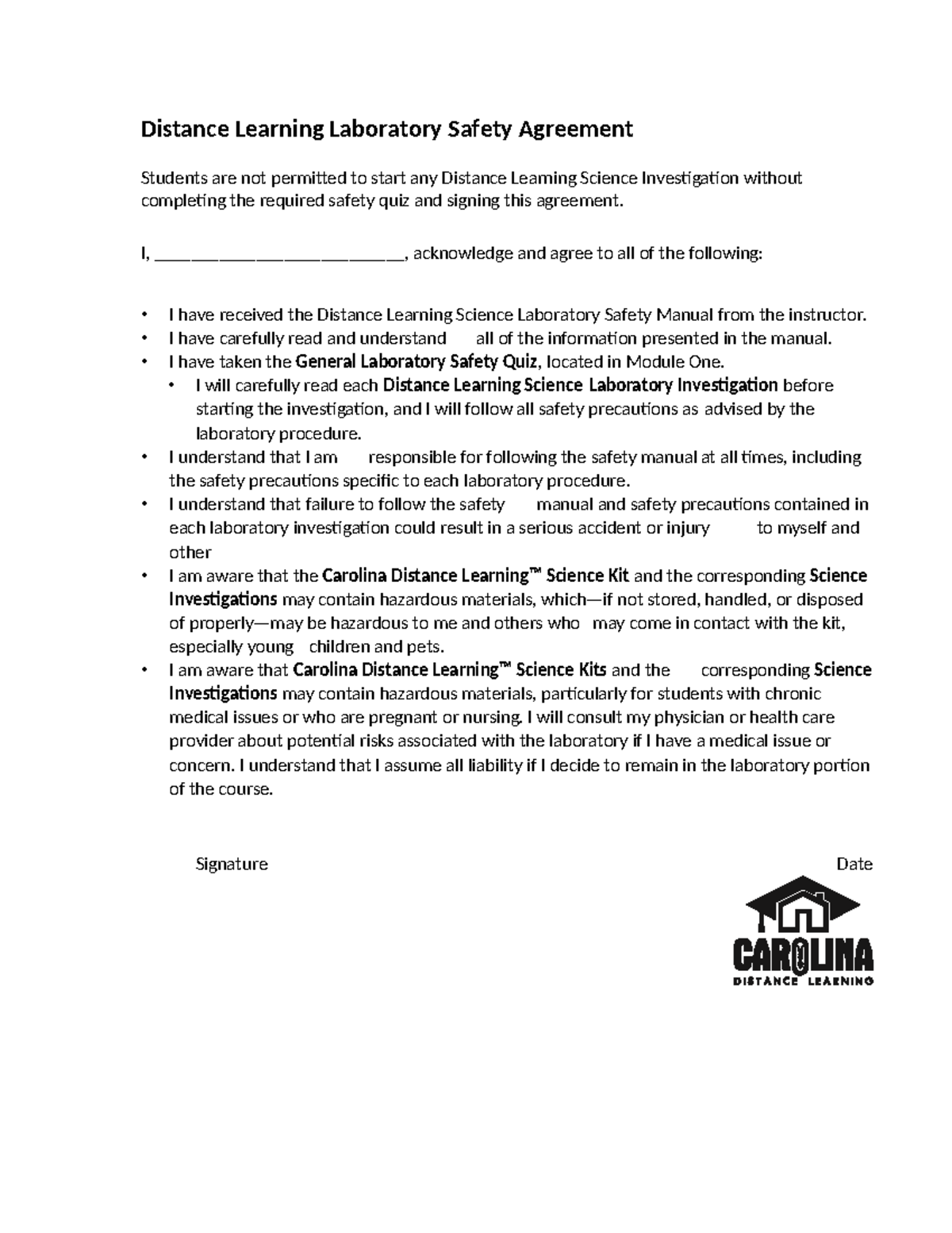 BIO 120L Distance Learning Lab Safety Agreement - Studocu