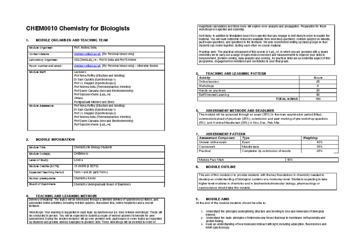 CHEM0010 Year 1 Chemistry for Biology Students Module Overview 2023-24 ...
