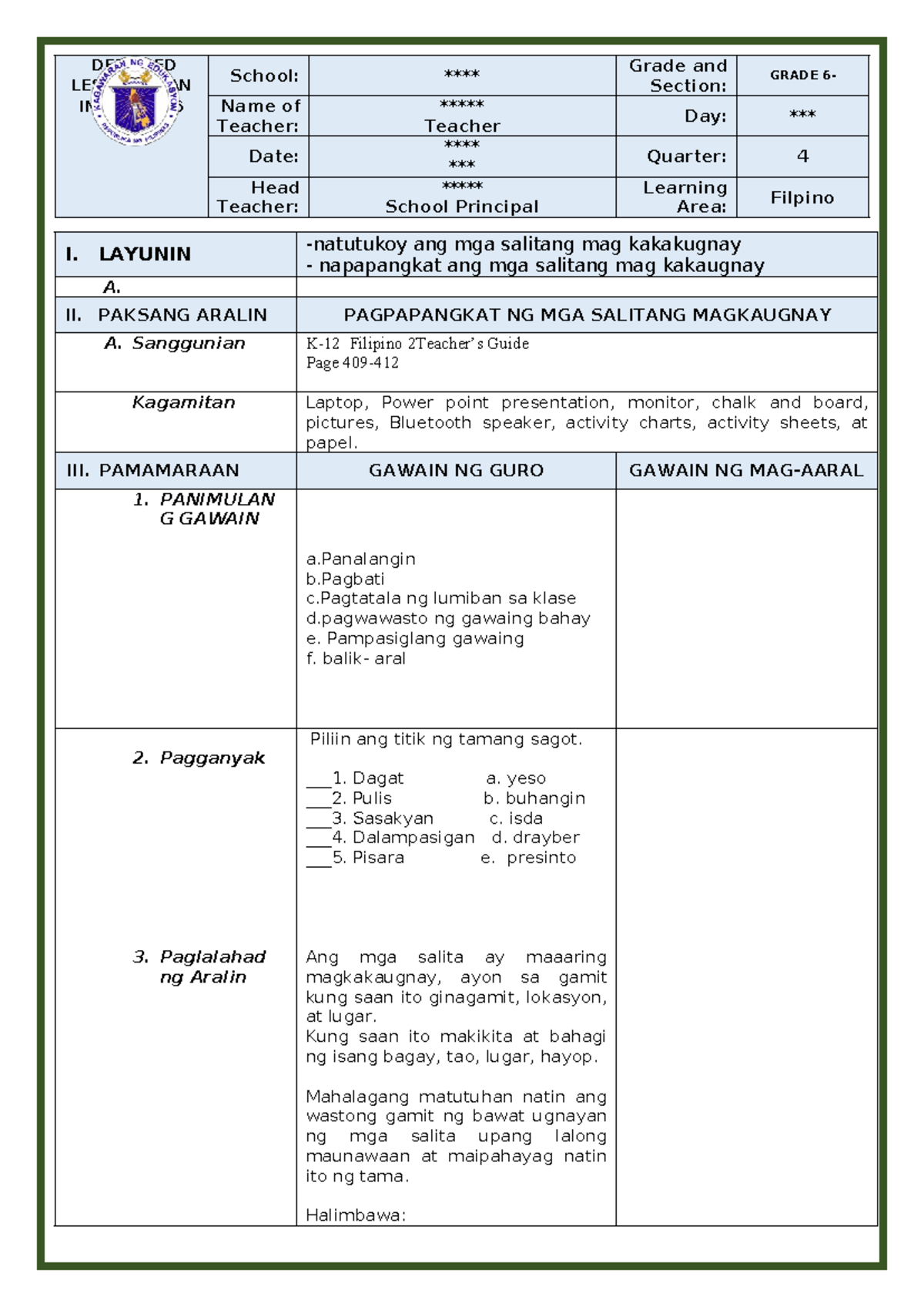 Q4 Lesson Plan for Filipino 6 - Salitang Magkakaugnay Activities - Studocu