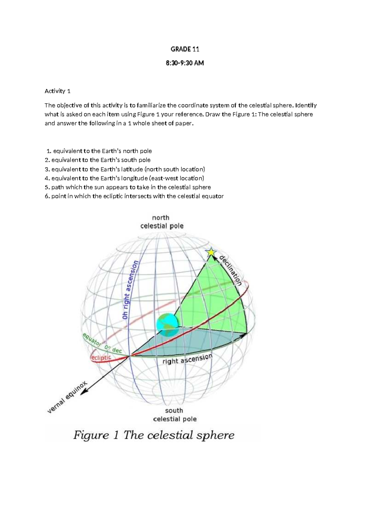 GRADE 11 AM Activity 1: Understanding the Celestial Sphere - Studocu