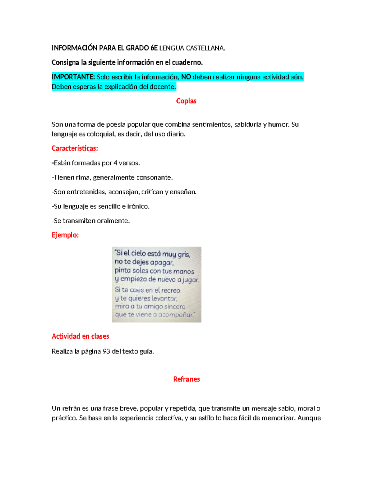 INFORMACIÓN PARA EL GRADO 6E: COPLAS Y REFRANES EN LENGUA CASTELLANA ...