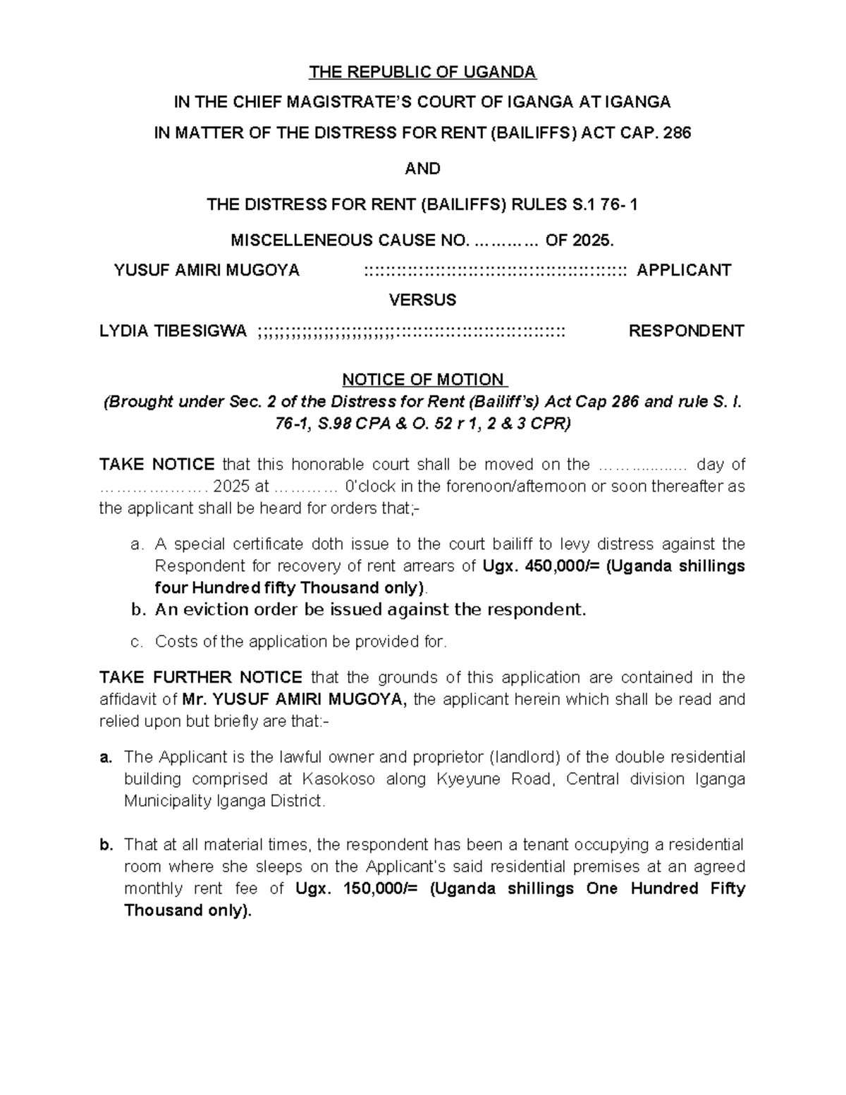 Distress for Rent: Notice of Motion - Yusuf Amiri Mugoya v. Lydia ...