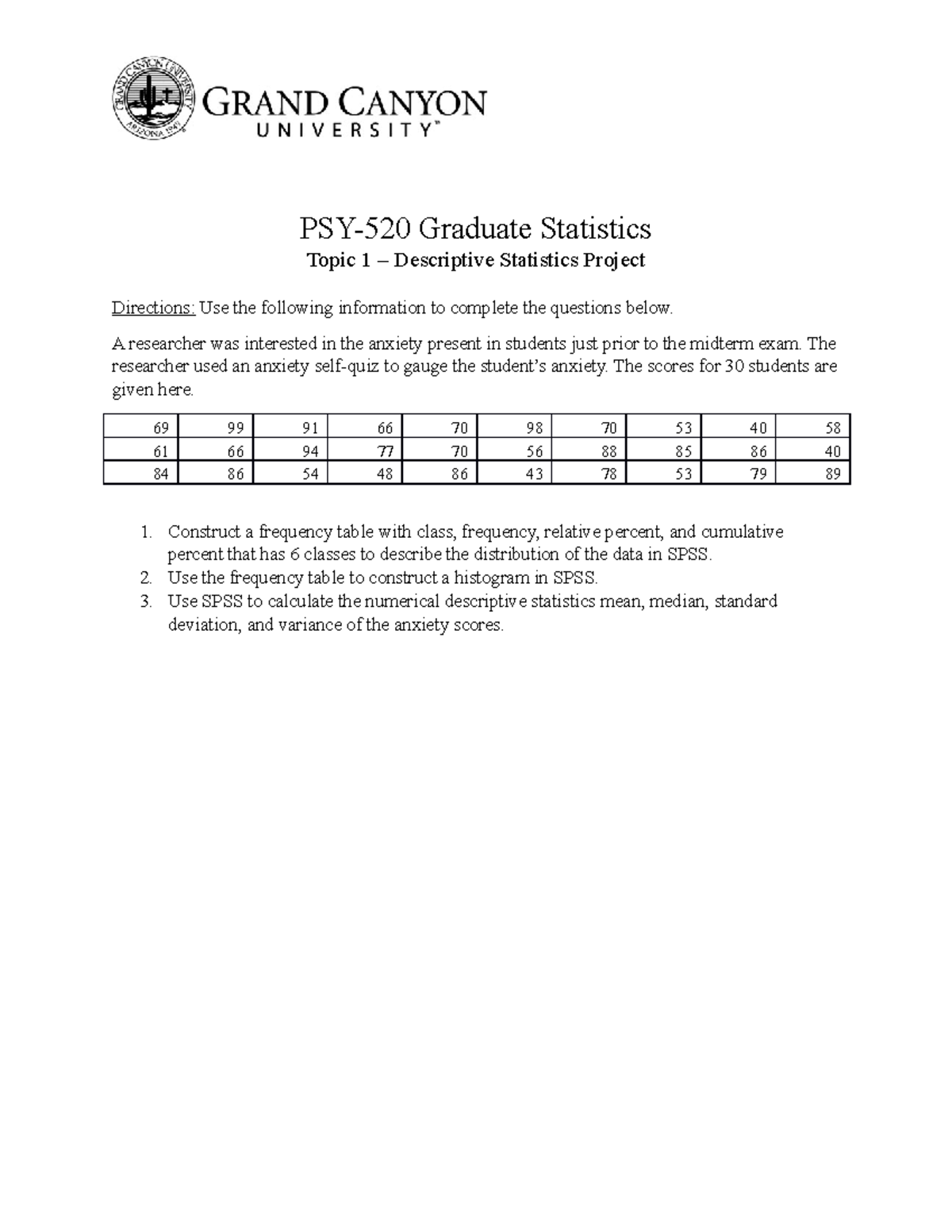 PSY520 T1 Descriptive Statistics Project on Student Anxiety Analysis ...