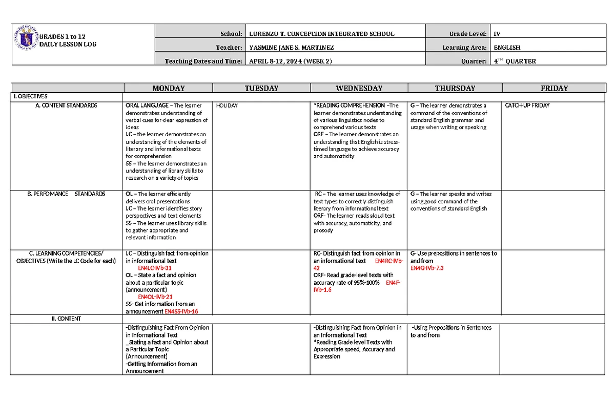 DLL English 4 Q4 W1: Daily Lesson Log for Oral Language Skills - Studocu