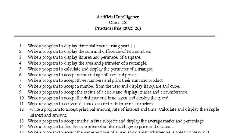Practical File for Artificial Intelligence Class IX (2025-26) - Studocu