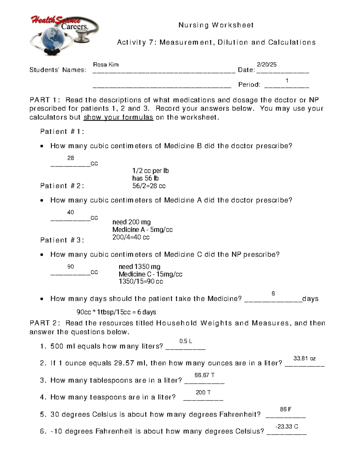 Nursing Worksheet: Activity 7 - Medications Measurement & Calculations ...