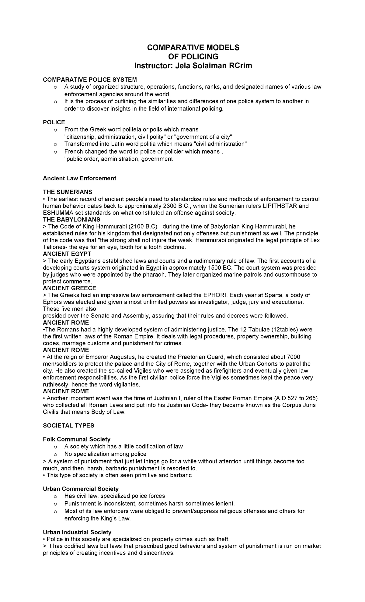 LEA 2 Prelim Reviewer: Comparative Models of Policing - Studocu