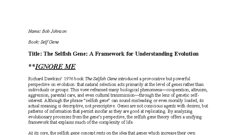 The Selfish Gene Essay: Insights into Evolutionary Theory (ME) - Studocu