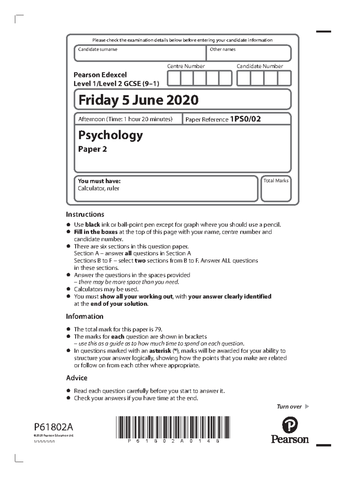 Psychology 2020 paper 2 - P61802a0148 P61802A ©2020 Pearson Education ...