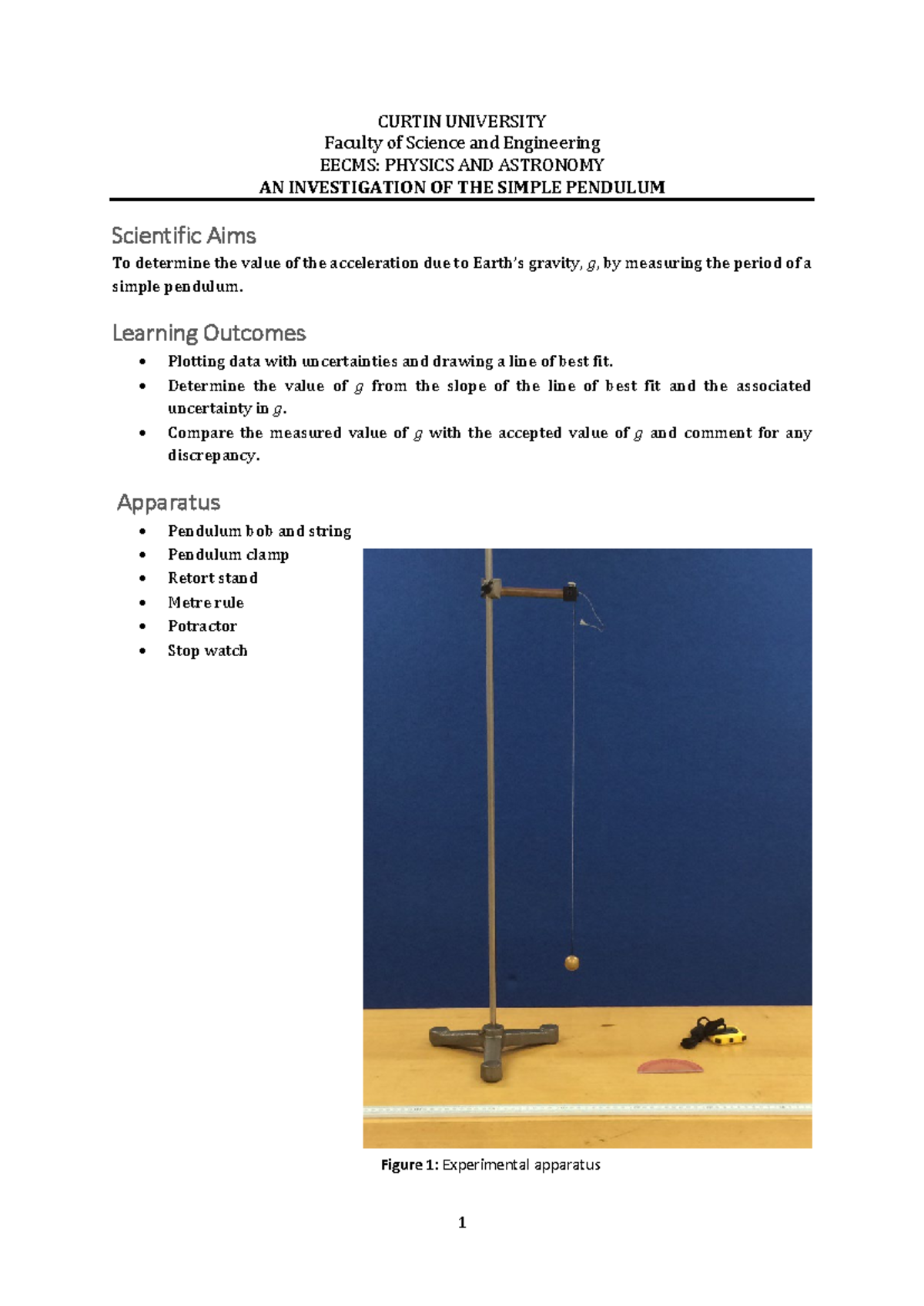 PHYS1006 Lab 1: Investigating the Simple Pendulum and Gravity - Studocu