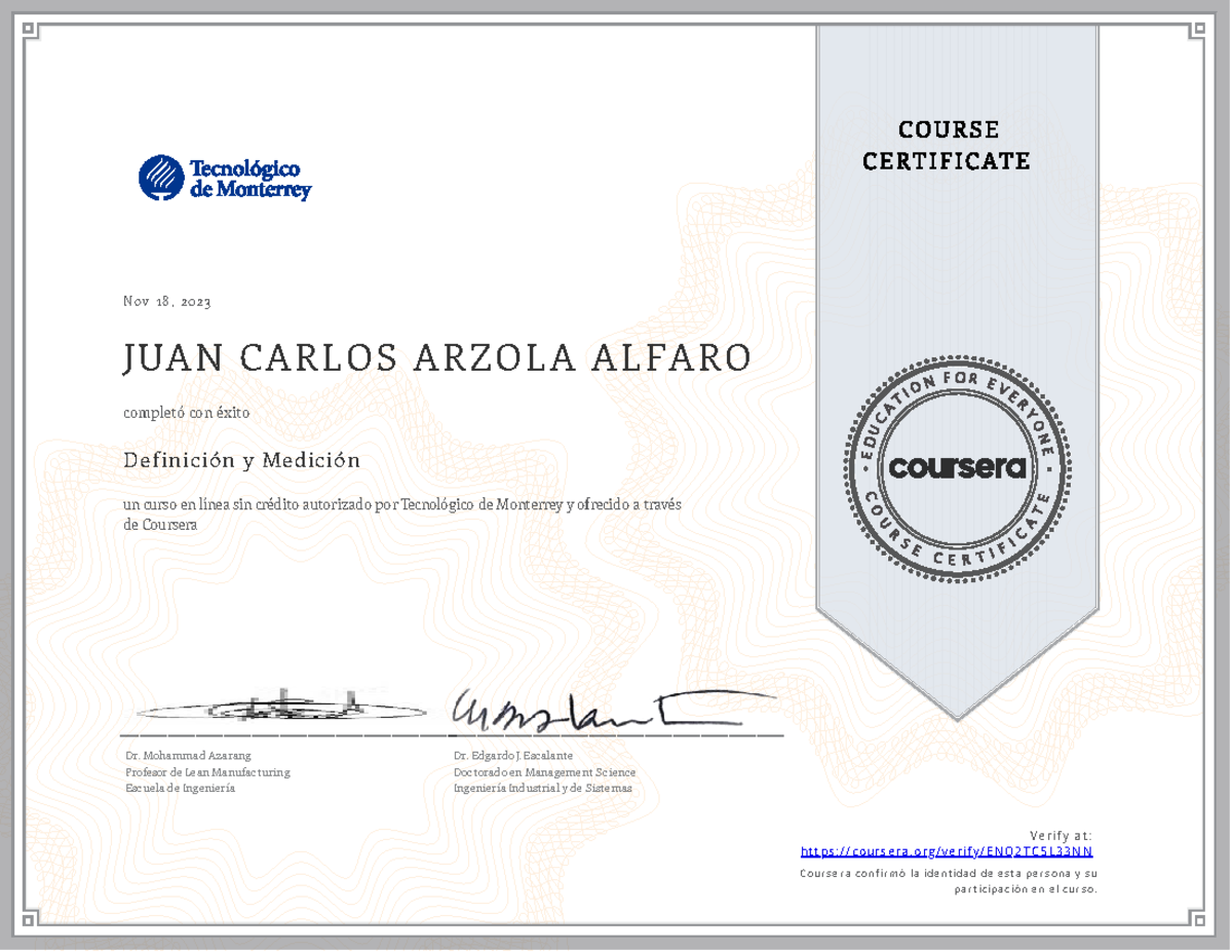 Certificado Coursera: Definición y Medición – Tecnológico de Monterrey ...