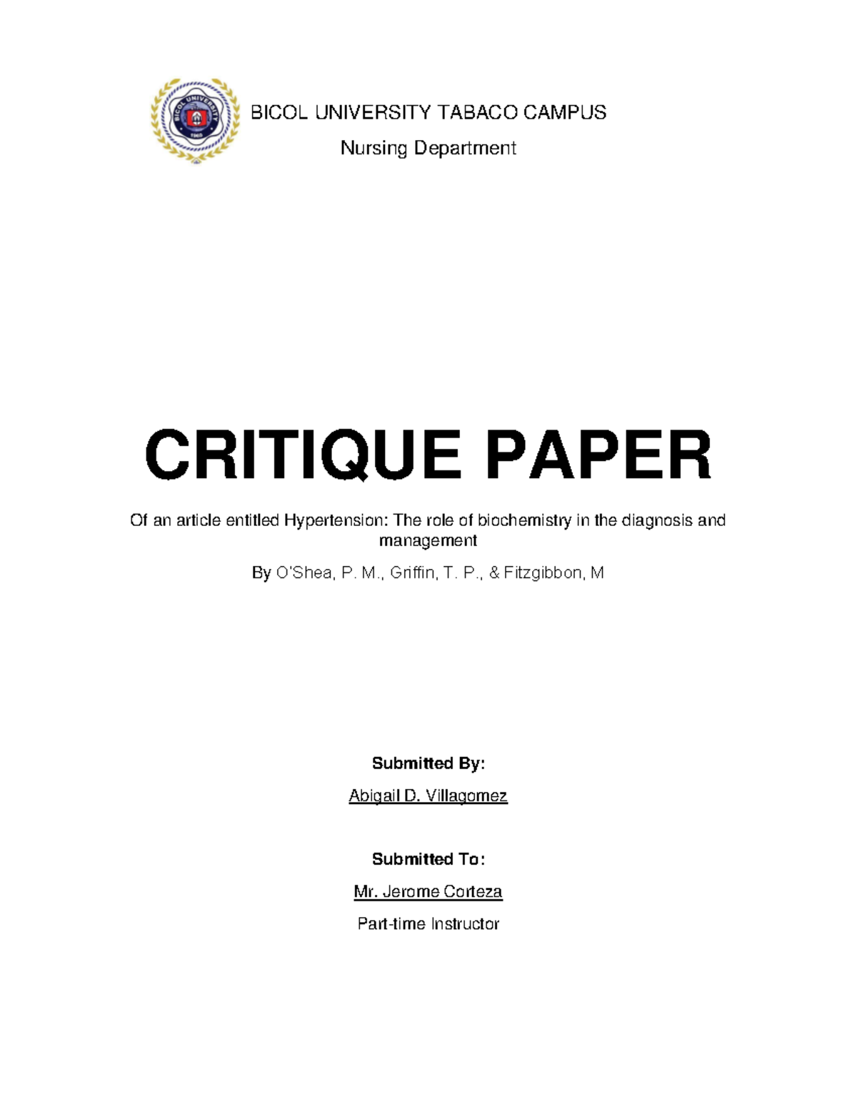 CRITIQUE PAPER ON BIOCHEMISTRY IN MEDICINE: HYPERTENSION ANALYSIS - Studocu