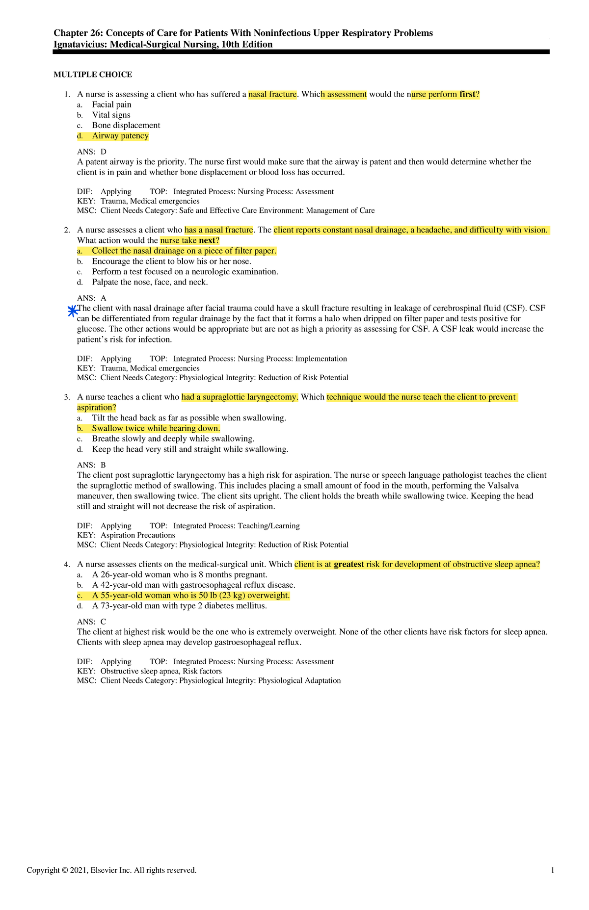 Exam View - Chapter 26 - Concepts of Care for Noninfectious Respiratory ...