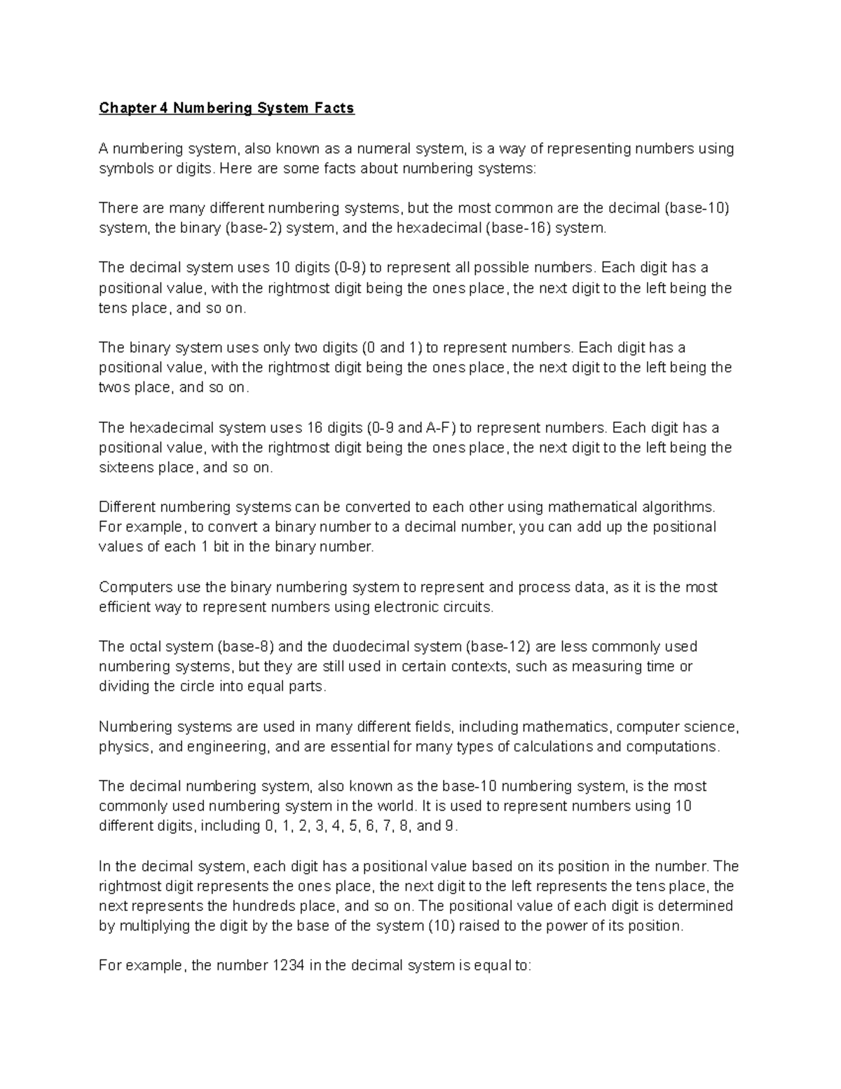 Chapter 4 Numbering System Facts - Chapter 4 Numbering System Facts A numbering system, also ...