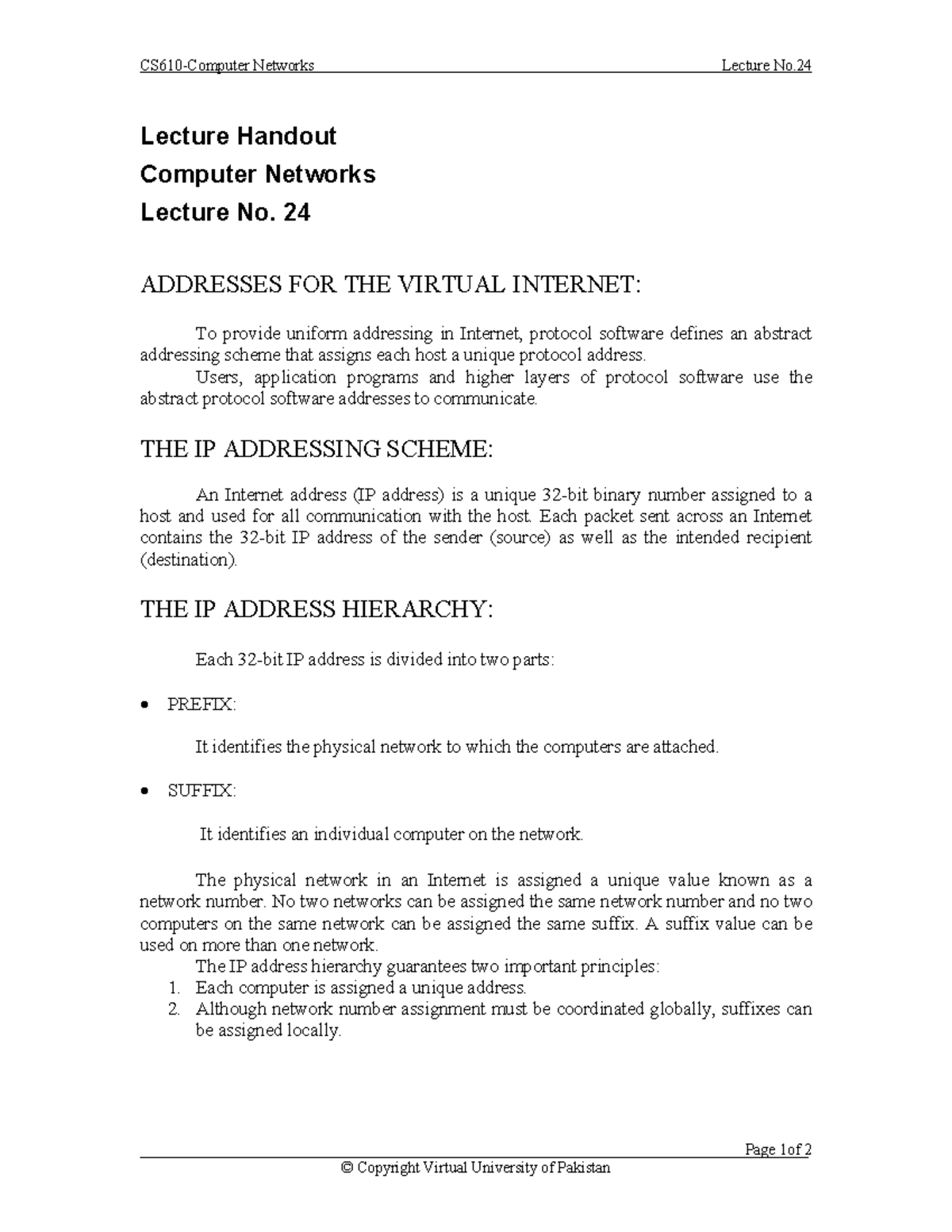 Networks Lecture No. 24: IP Addressing Scheme Overview - Studocu