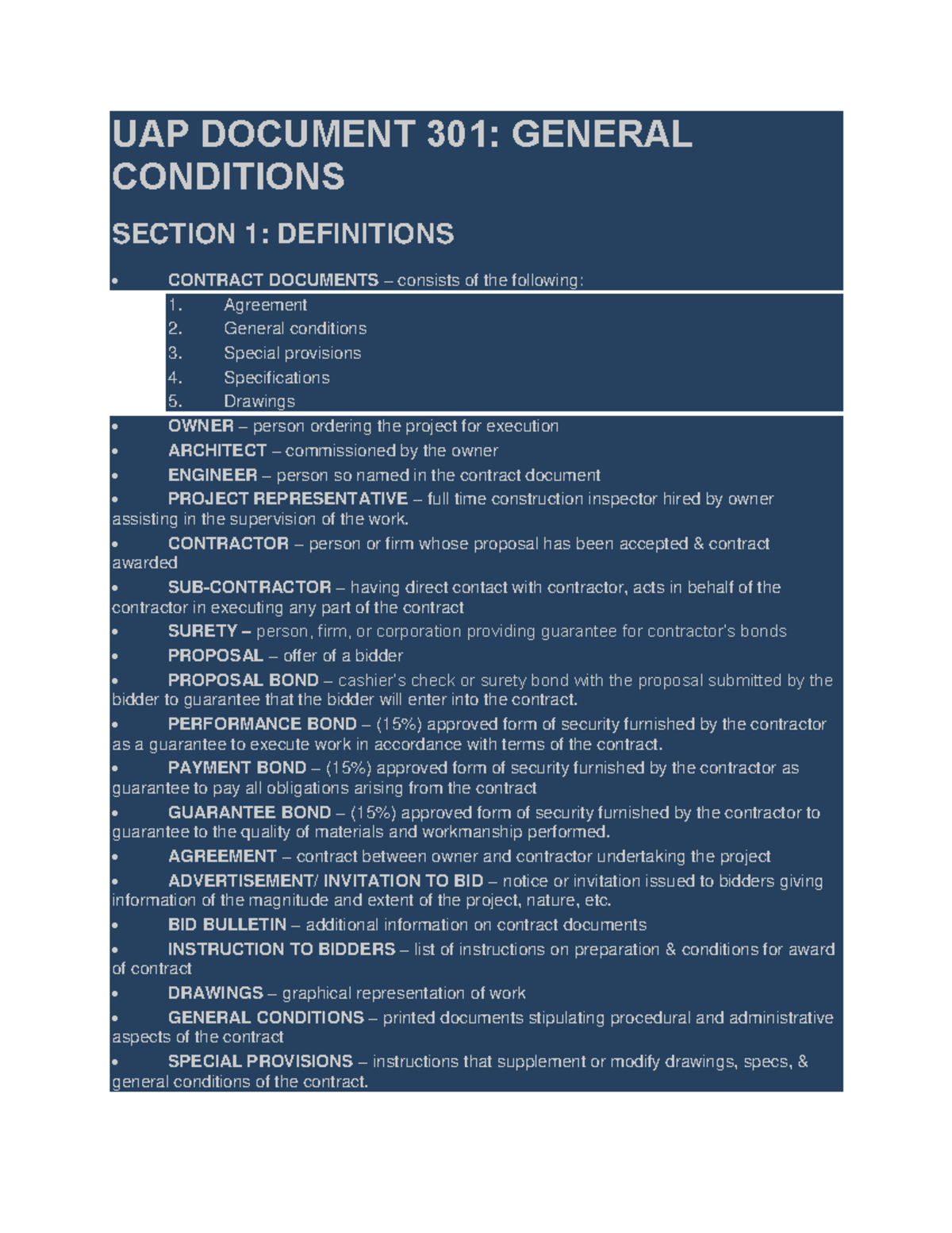 UAP DOC 301 REVIEW - UAP DOCUMENT 301: GENERAL CONDITIONS SECTION 1 ...