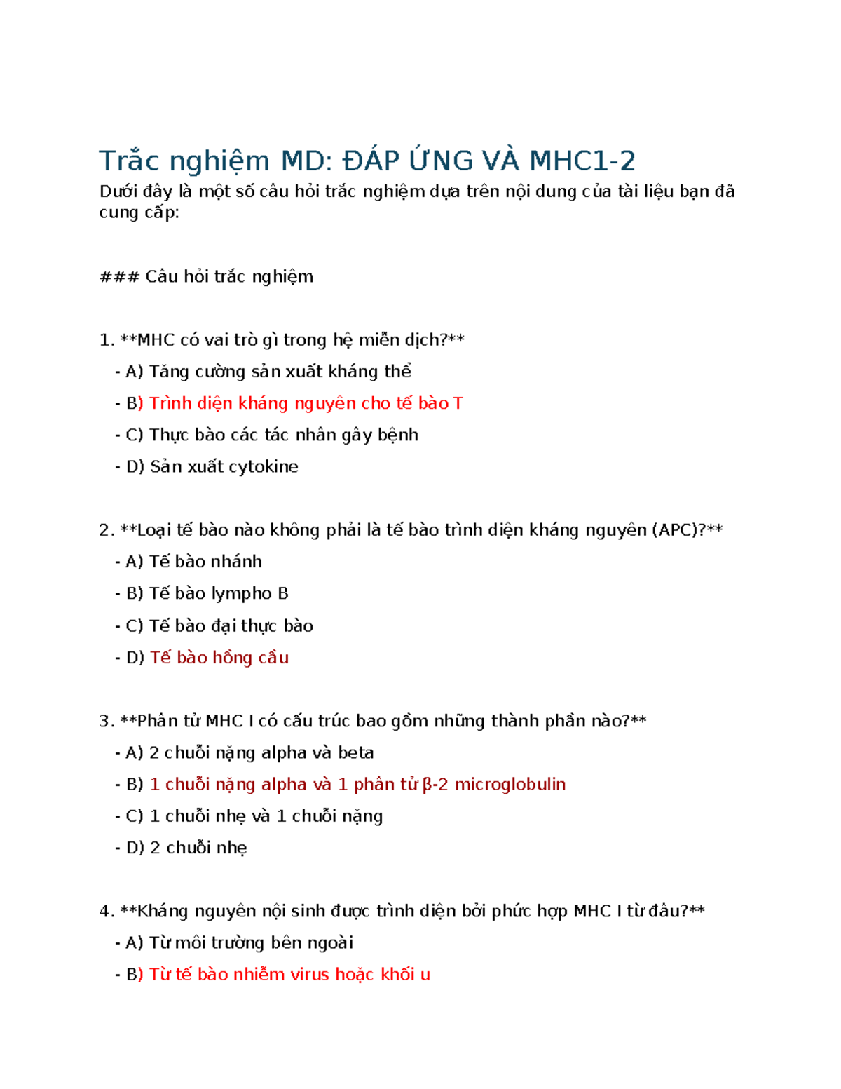 Trắc nghiệm MD: Đáp ứng Miễn dịch và MHC I - Studocu