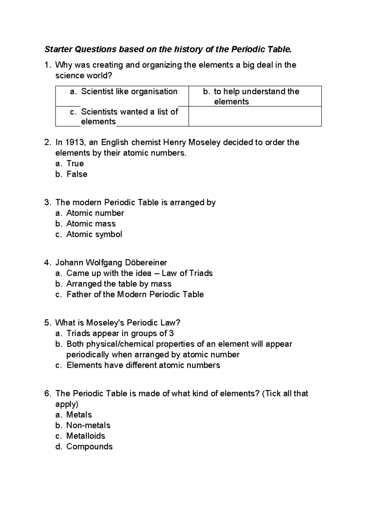 Starter Activity: History of the Periodic Table (Chem 101) - Studocu
