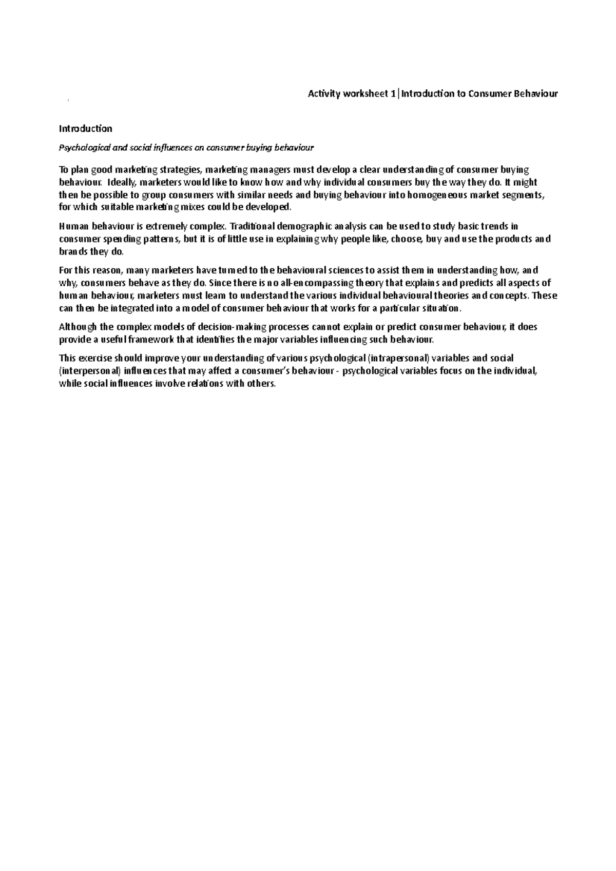 1 Introduction to Consumer Behaviour - Activity worksheet 1 ...