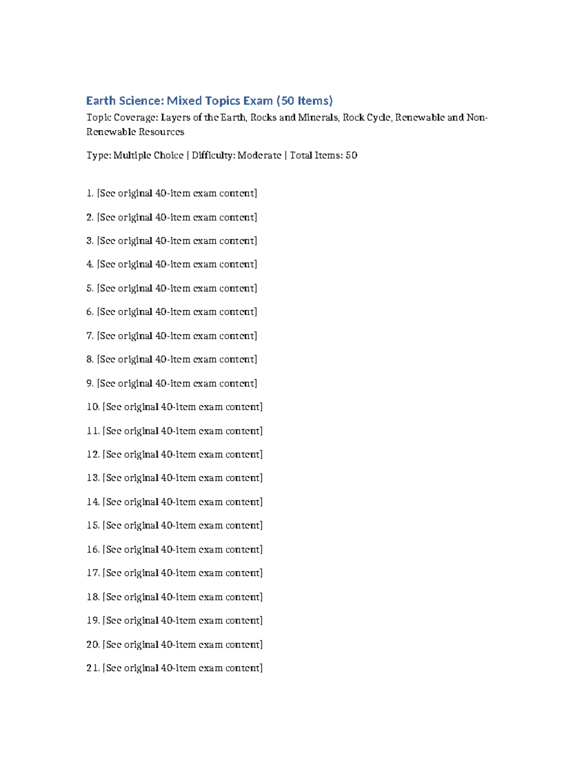 Earth Science Exam (50 Items) - Layers, Rocks, Resources, MCQ - Studocu
