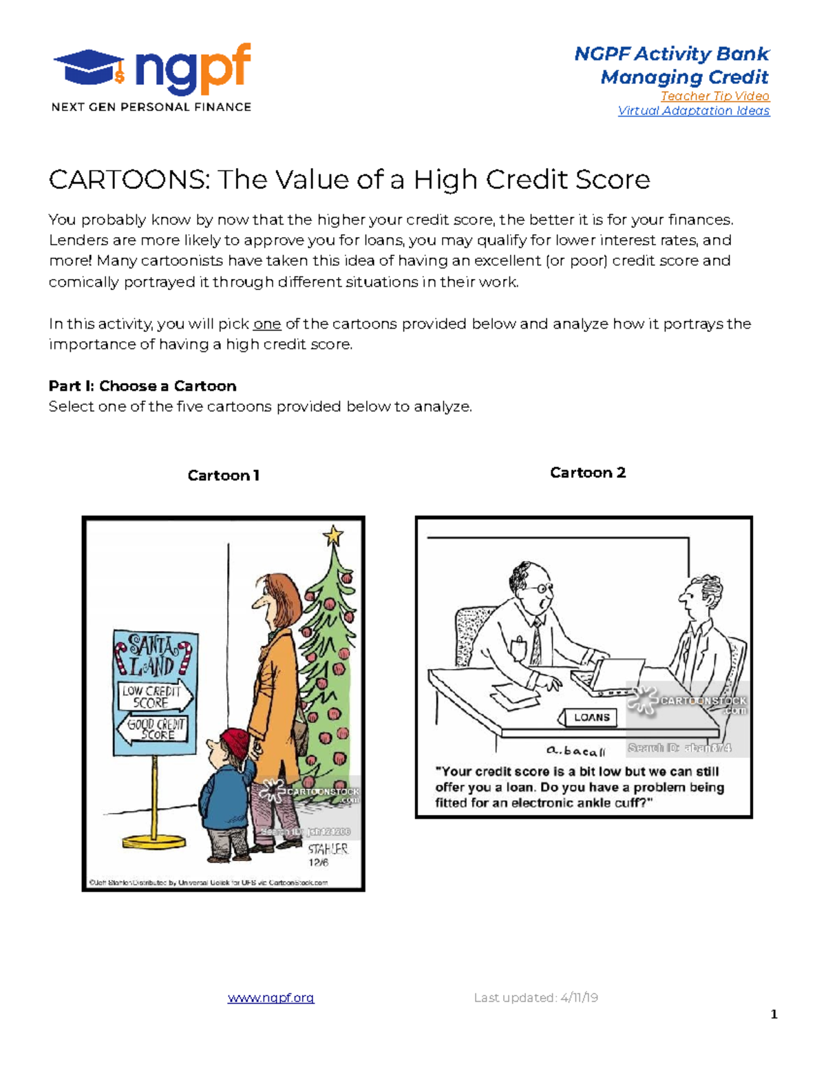 The Value of a High Credit Score Cartoon - NGPF Activity Bank Managing ...