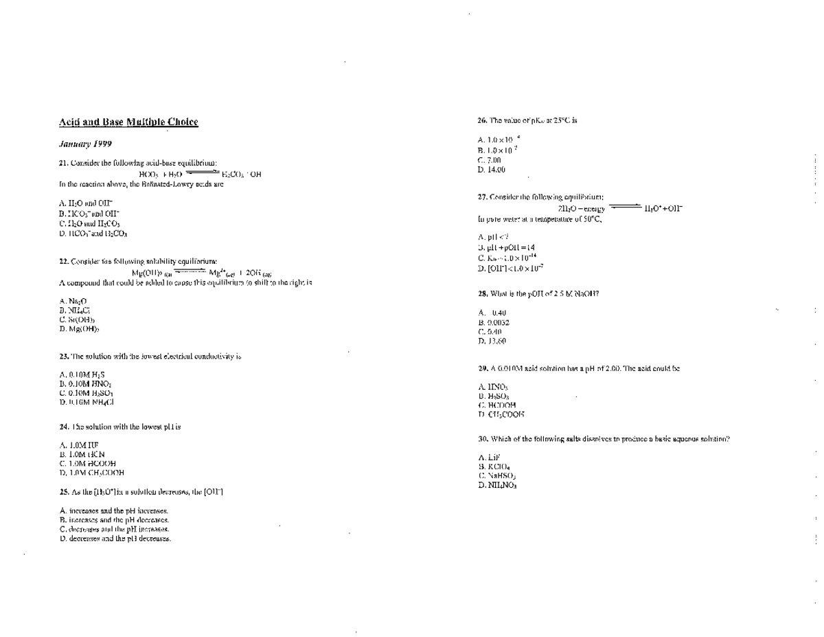 Acid & Base MC Practice - AP Chem (Chapter Review) - Studocu