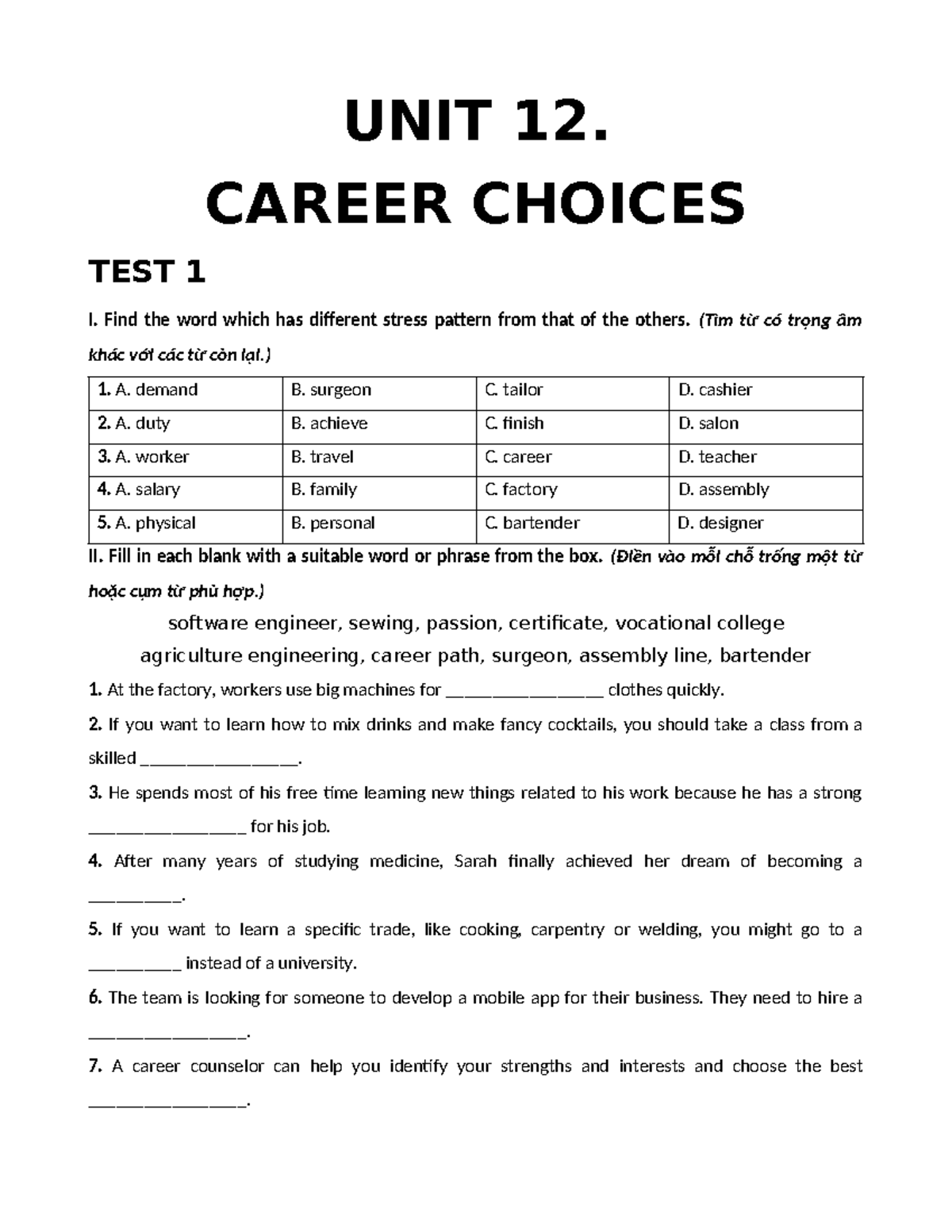 Đề Kiểm Tra UNIT 12: Career Choices - Exercises and Practice - Studocu