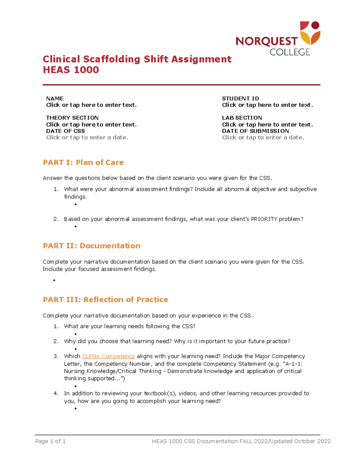 HEAS 1000 Clinical Scaffolding Shift Assignment Documentation - Studocu