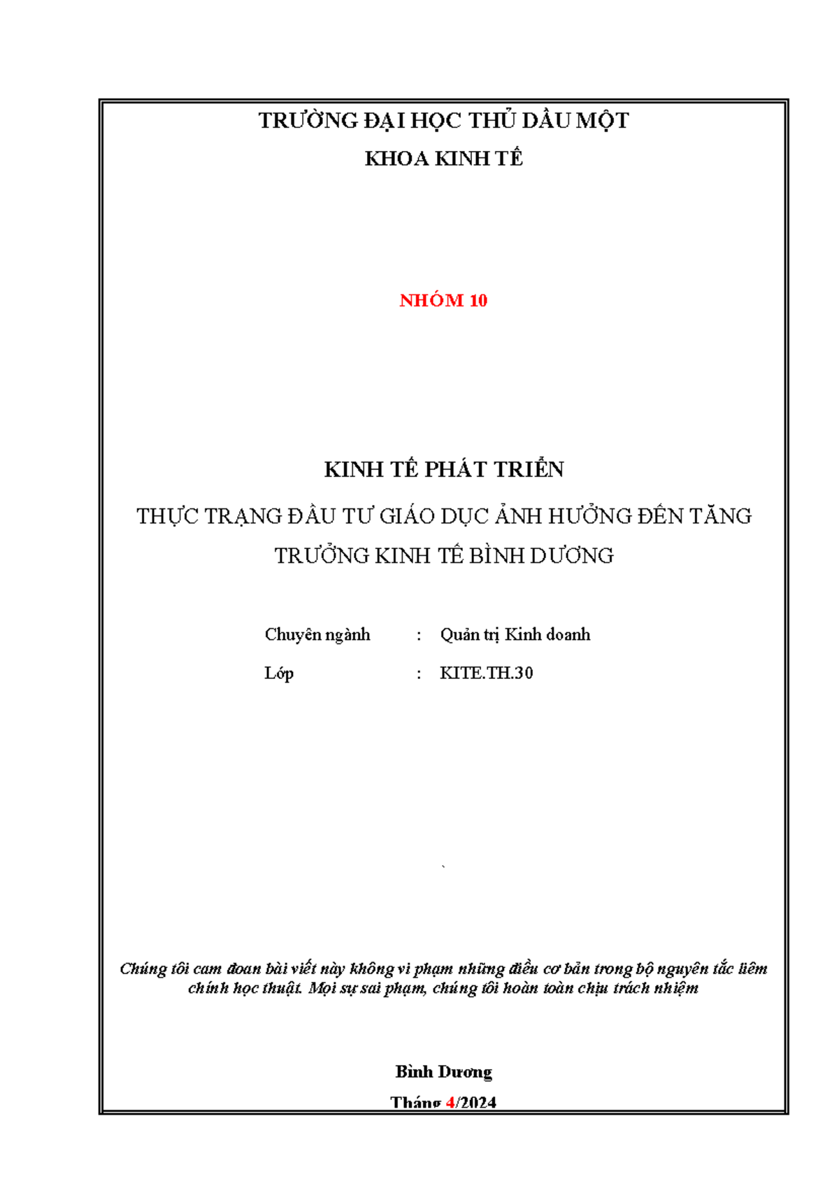 Nhóm10- ktpt - G vjvig - i TRƯỜNG ĐẠI HỌC THỦ DẦU MỘT KHOA KINH TẾ NHÓM ...