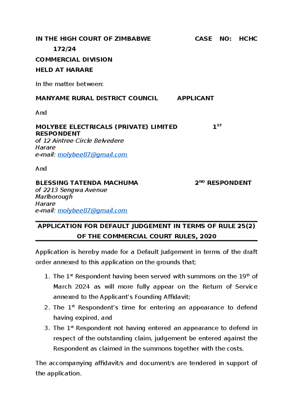 Application for Default Judgement: Manyame v Molybee (HCHC) - Studocu