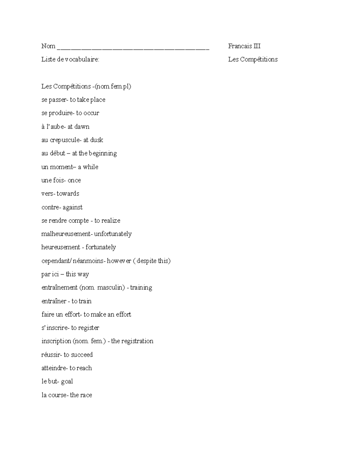 French III: Vocabulary List for Competitions Key Terms & Phrases - Studocu