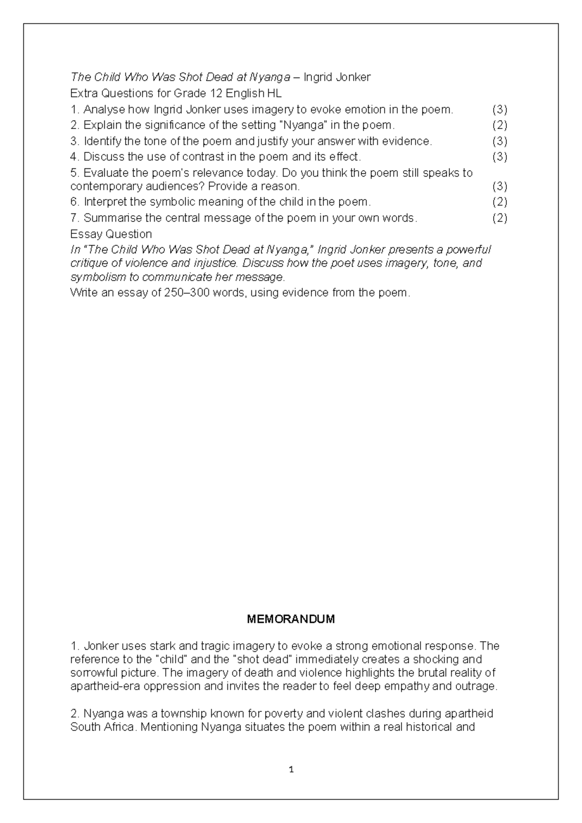 Grade 12 English HL: Analysis of "The Child Who Was Shot Dead at Nyanga ...
