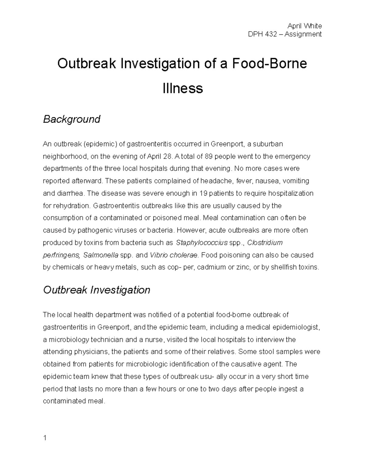 DPH 432 Assignment 11: Food-Borne Illness Outbreak Investigation - Studocu