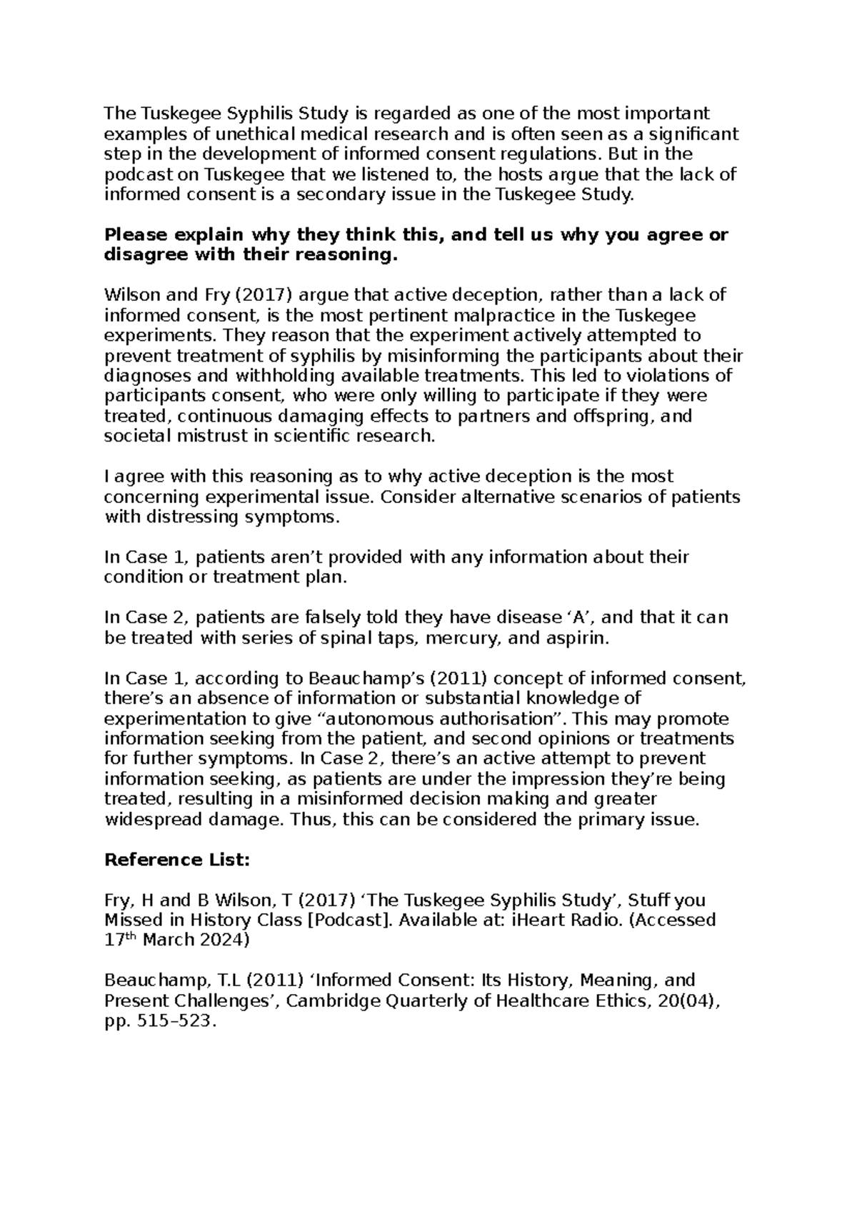 Bioethics Case Study: The Tuskegee Syphilis Study Analysis - Studocu