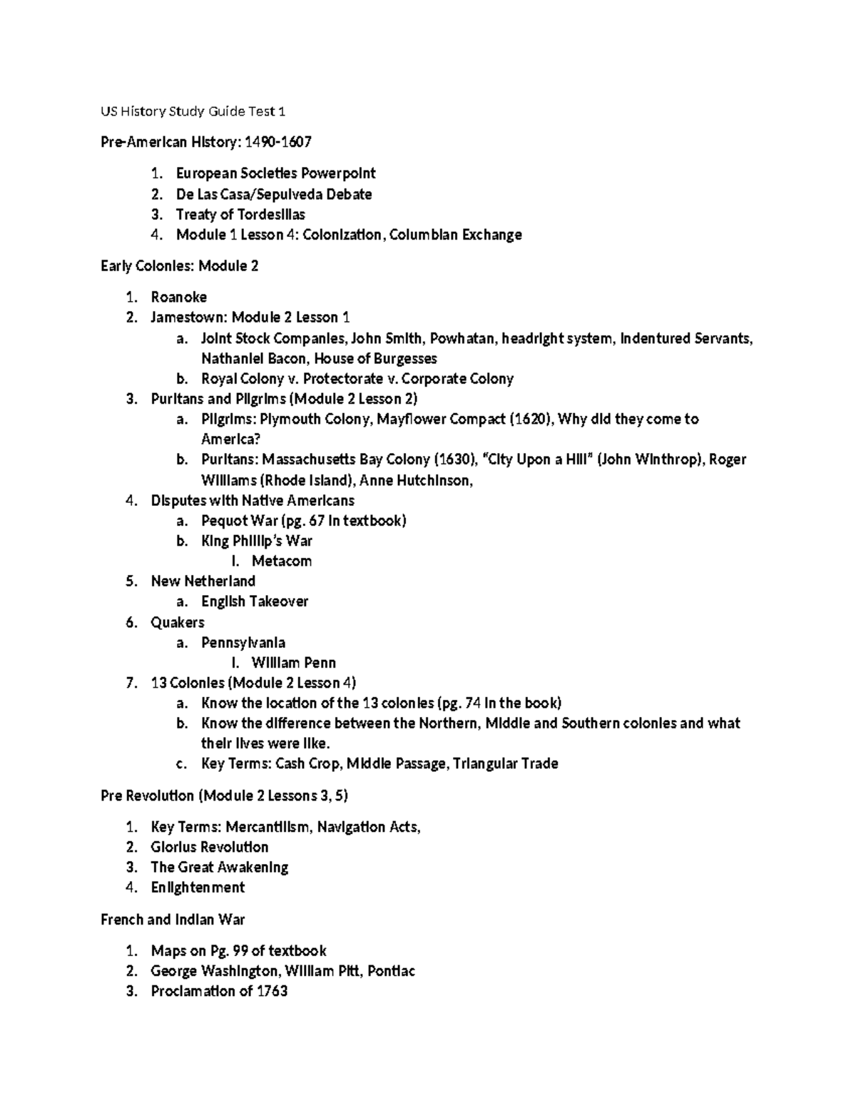 US History Study Guide for Test 1: Key Events & Concepts (1490-1776 ...