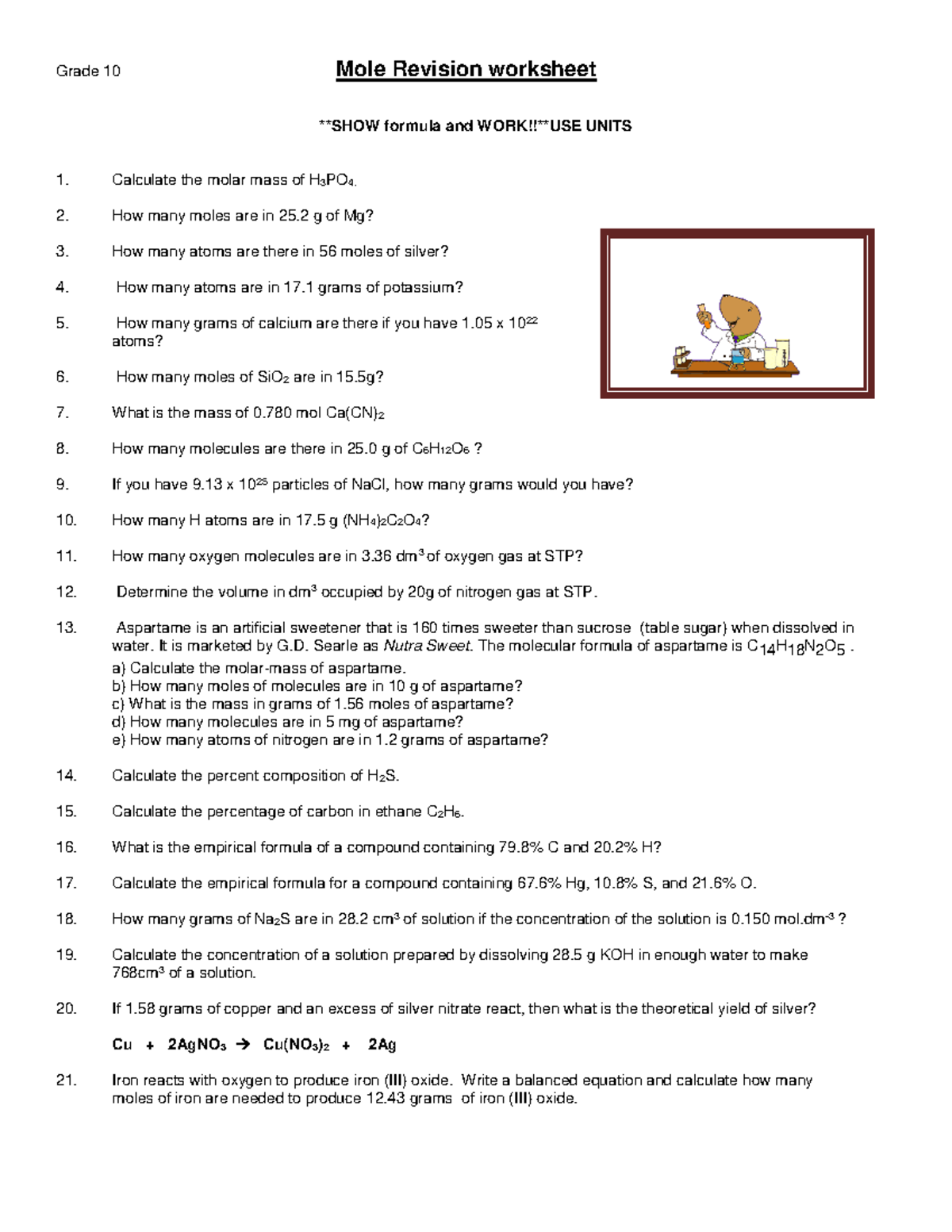 Grade 10 Mole Revision Worksheet - Key Calculations and Problems - Studocu