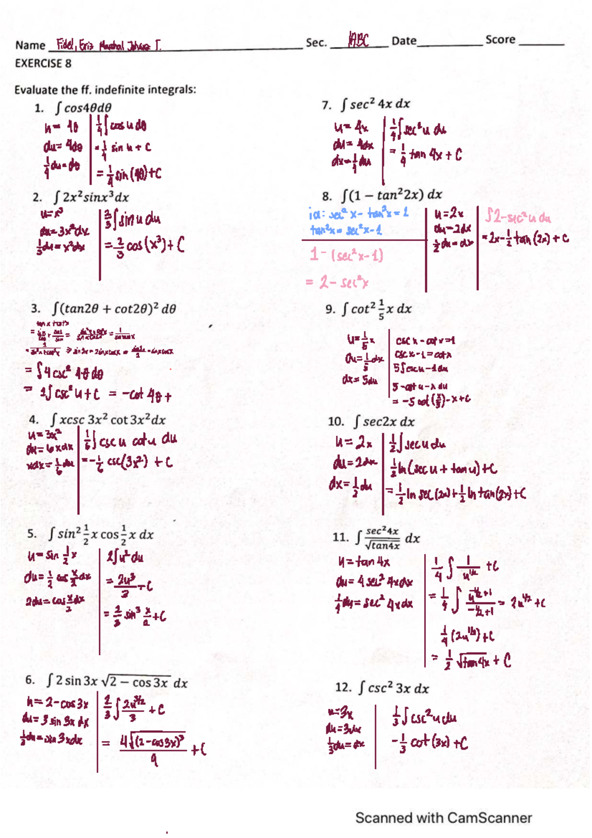 Integration of Trigonometric Functions Worksheet 3 - Sec. ABC - Studocu