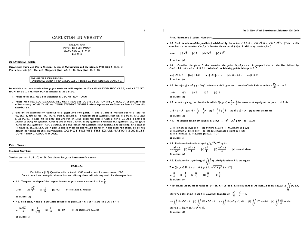 MATH 2004, Final Exam Solutions, Fall 2014 - Comprehensive Review - Studocu