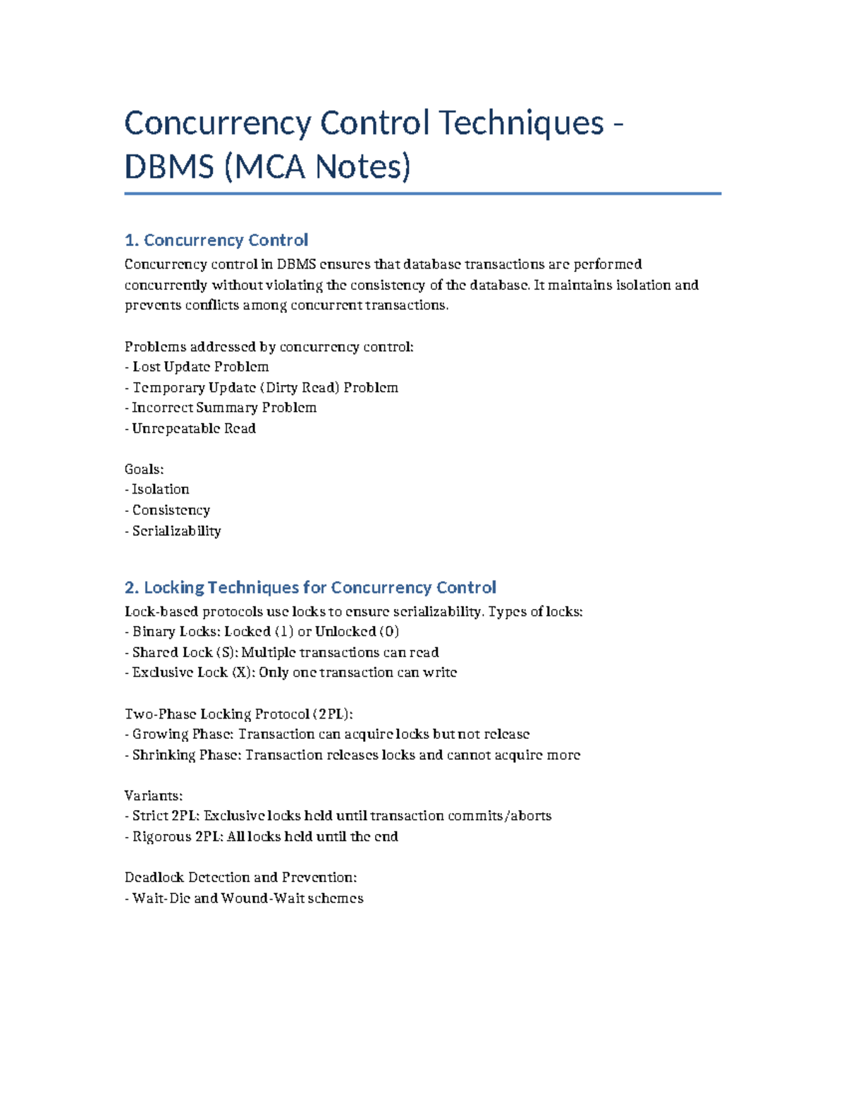 Concurrency Control Techniques Dbms Notes Concurrency Control